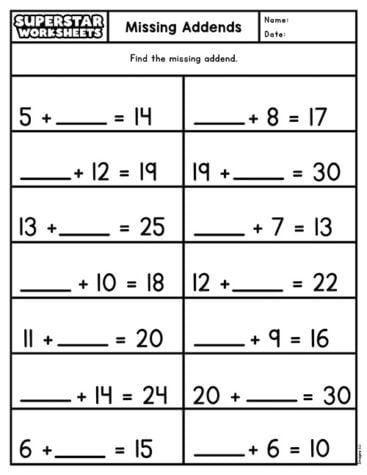 Missing Addend Worksheets - Superstar Worksheets