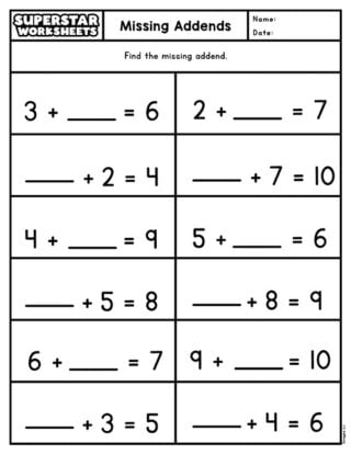 Missing Addend Worksheets - Superstar Worksheets