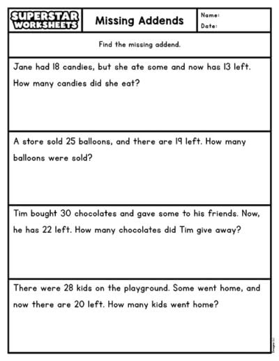 Missing Addend Worksheets - Superstar Worksheets