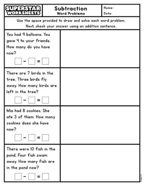 Subtraction Word Problems - Superstar Worksheets