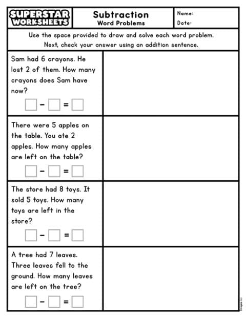 Subtraction Word Problems - Superstar Worksheets
