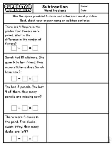 Subtraction Word Problems - Superstar Worksheets