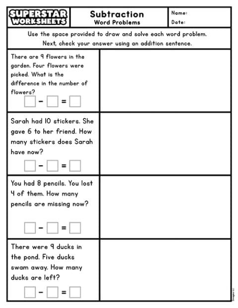 Subtraction Word Problems - Superstar Worksheets