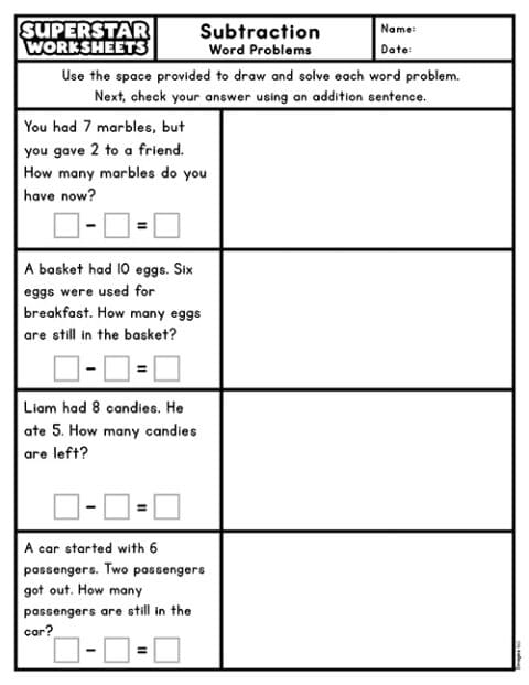 Subtraction Word Problems - Superstar Worksheets