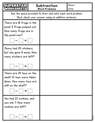 Subtraction Word Problems - Superstar Worksheets