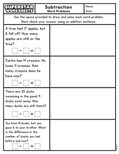 Subtraction Word Problems - Superstar Worksheets