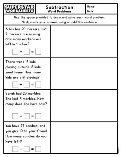Subtraction Word Problems - Superstar Worksheets