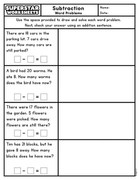 Subtraction Word Problems - Superstar Worksheets