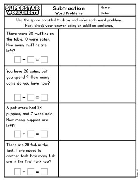 Subtraction Word Problems - Superstar Worksheets
