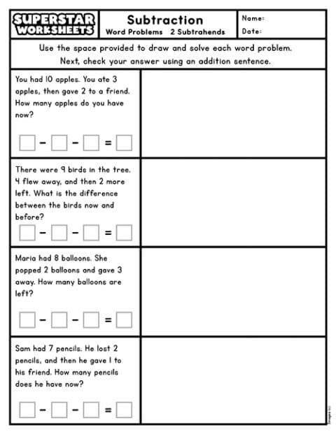 Subtraction Word Problems - Superstar Worksheets