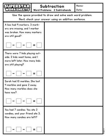 Subtraction Word Problems - Superstar Worksheets