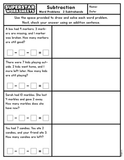 Subtraction Word Problems - Superstar Worksheets