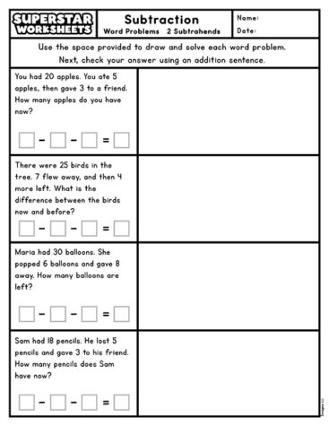 Subtraction Word Problems - Superstar Worksheets