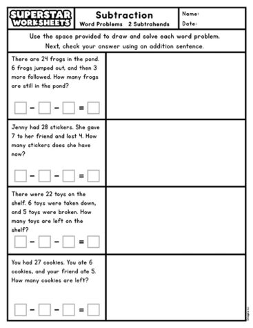 Subtraction Word Problems - Superstar Worksheets