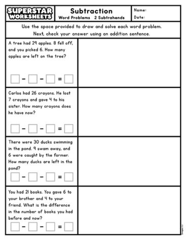 Subtraction Word Problems - Superstar Worksheets