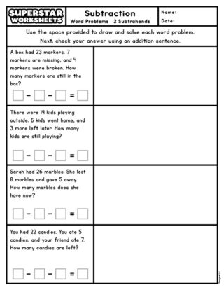 Subtraction Word Problems - Superstar Worksheets