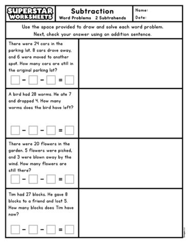 Subtraction Word Problems - Superstar Worksheets