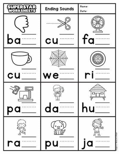 Ending Sounds Worksheets - Superstar Worksheets