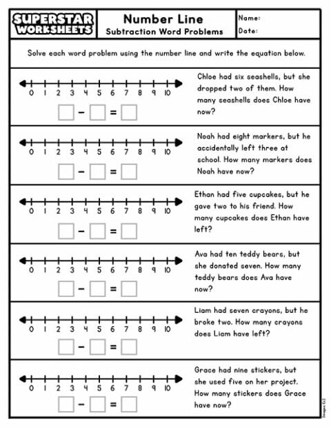 Number Line Subtraction - Superstar Worksheets