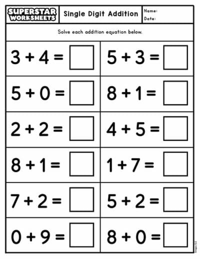 Single Digit Addition Worksheets - Superstar Worksheets