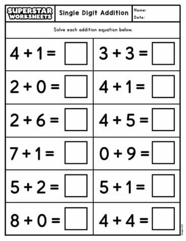 Single Digit Addition Worksheets - Superstar Worksheets
