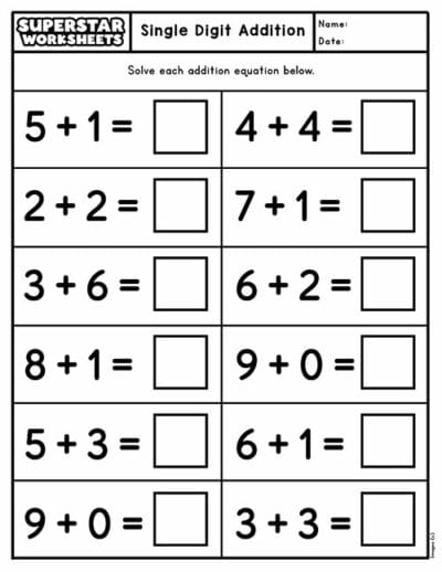 Single Digit Addition Worksheets - Superstar Worksheets
