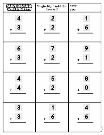 Single Digit Addition Worksheets - Superstar Worksheets