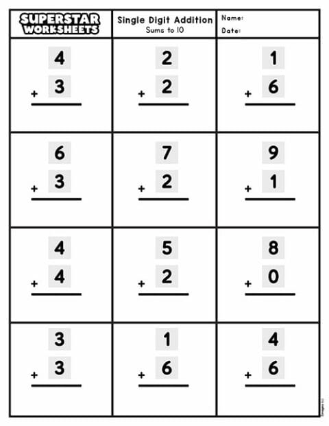 Single Digit Addition Worksheets - Superstar Worksheets