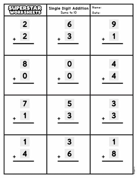 Single Digit Addition Worksheets - Superstar Worksheets