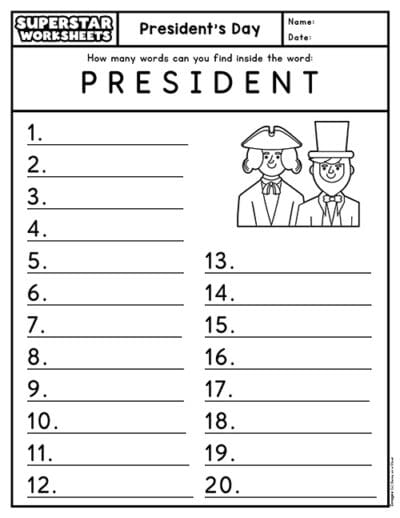 Presidents Day Worksheets (Free Printables) - Superstar Worksheets
