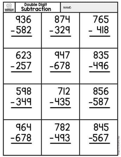 Double Digit Subtraction - Superstar Worksheets