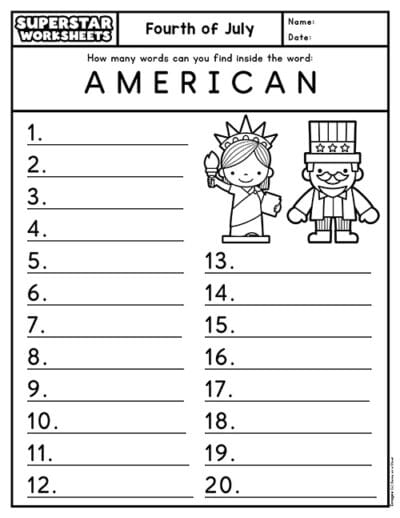 Fourth of July Worksheets (Free Printables) - Superstar Worksheets