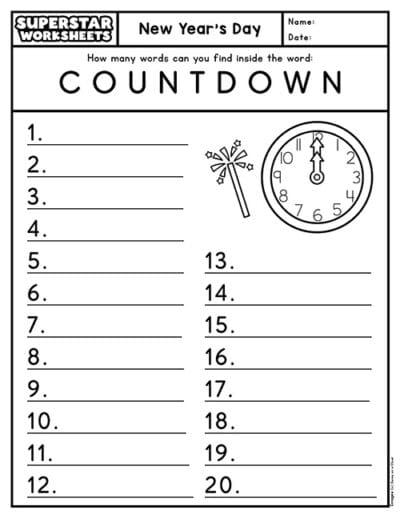 New Year's Day Worksheets (Free Printables) - Superstar Worksheets