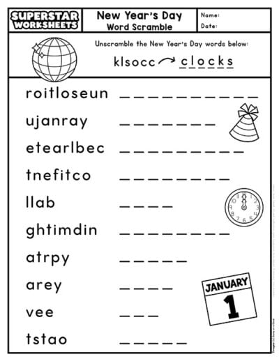 New Year's Day Worksheets (Free Printables) - Superstar Worksheets