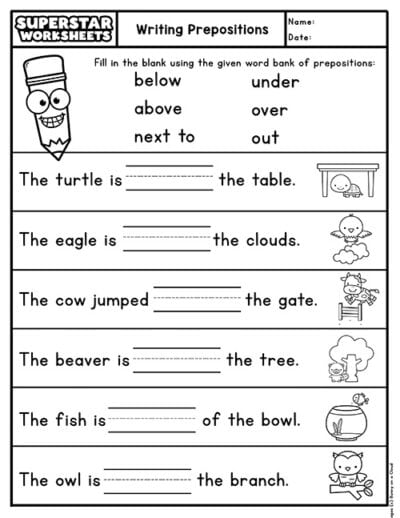 Prepositions Worksheets - Superstar Worksheets