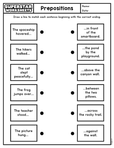 Prepositions Worksheets - Superstar Worksheets
