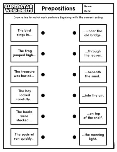 Prepositions Worksheets - Superstar Worksheets