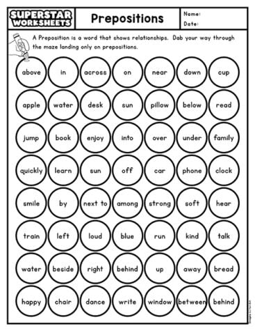 Prepositions Worksheets - Superstar Worksheets