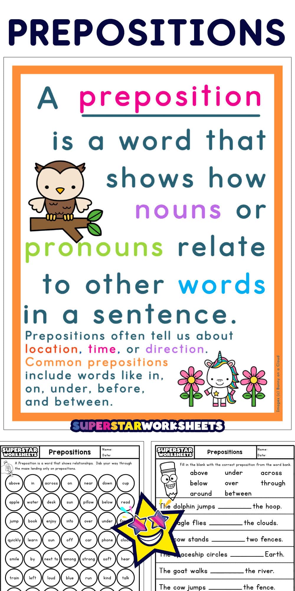 Prepositions Worksheets - Superstar Worksheets