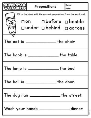 Prepositions Worksheets - Superstar Worksheets