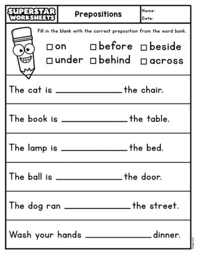Prepositions Worksheets - Superstar Worksheets