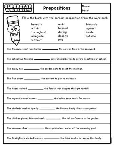 Prepositions Worksheets - Superstar Worksheets