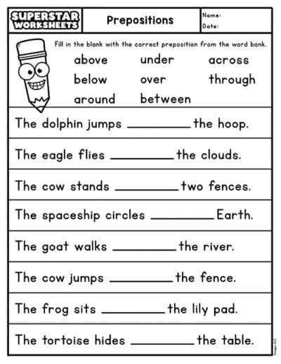 Prepositions Worksheets - Superstar Worksheets