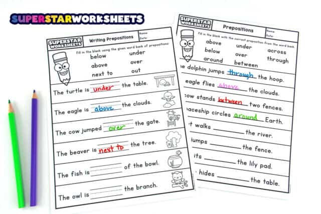 Prepositions Worksheets - Superstar Worksheets