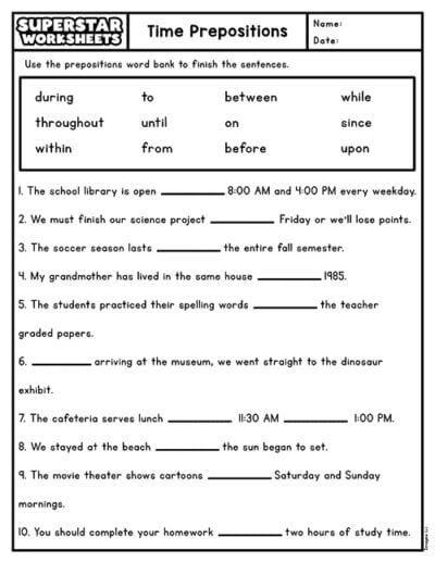 Prepositions Worksheets - Superstar Worksheets