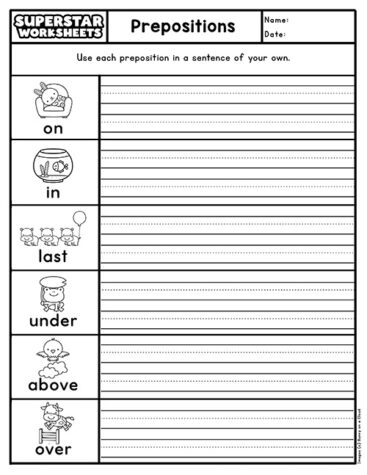 Prepositions Worksheets - Superstar Worksheets