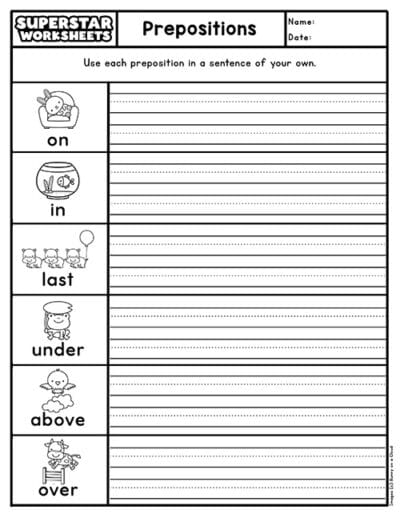 Prepositions Worksheets - Superstar Worksheets