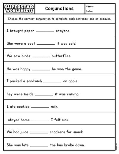 Conjunctions Worksheets - Superstar Worksheets