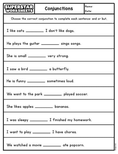 Conjunctions Worksheets - Superstar Worksheets