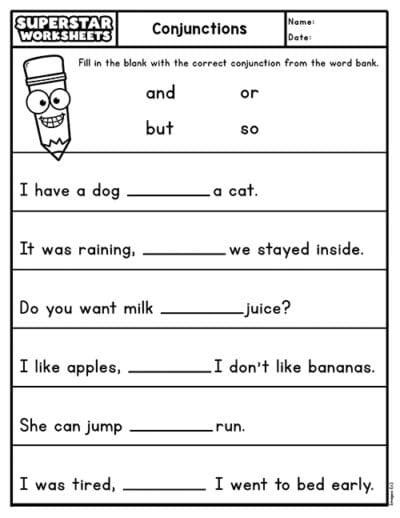 Conjunctions Worksheets - Superstar Worksheets